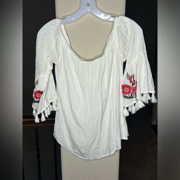 Blue Rain | Tops | Blue Rain Off Shoulder Embroidered Floral Tassel ...